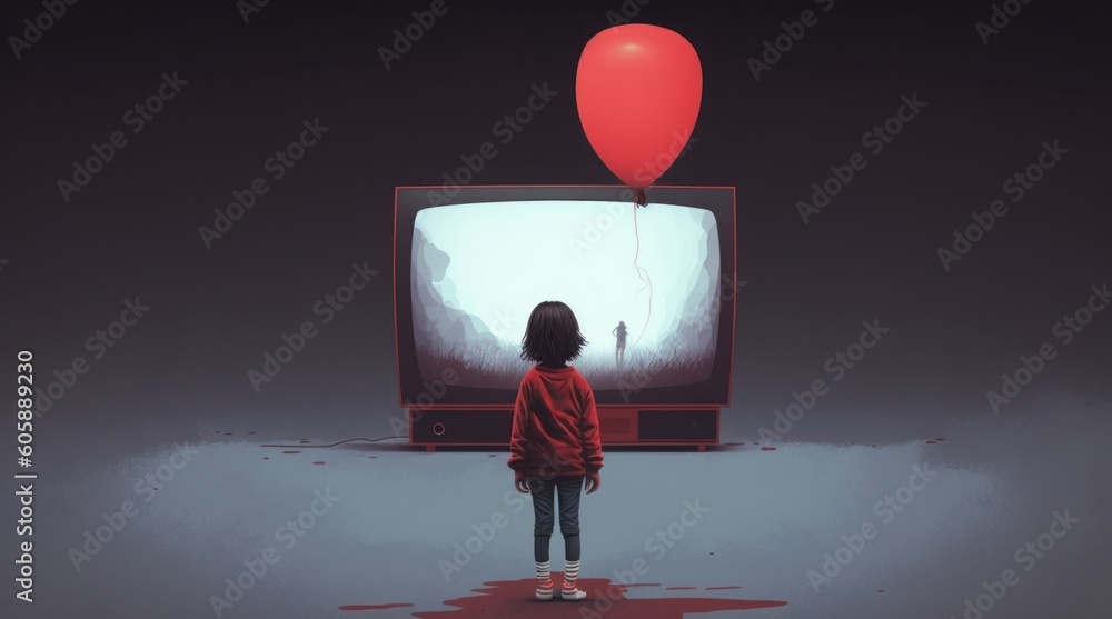 girl looking at red balloon floating coming out of television on dark ...