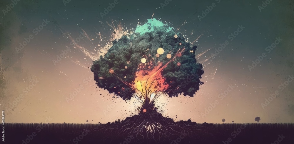 motion graphic of the tree with explosion below, digital painting ...