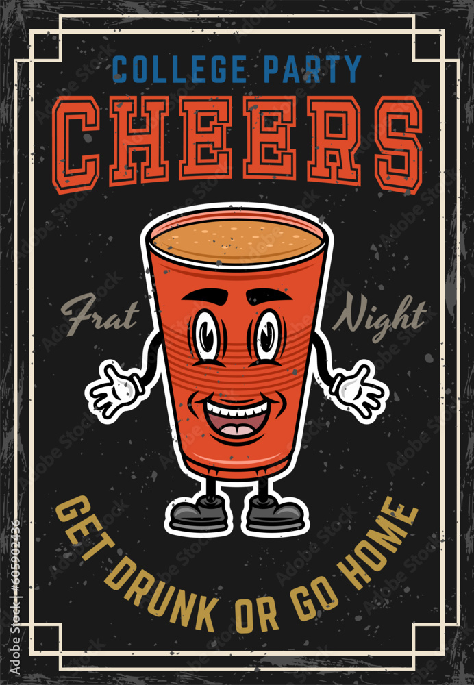 Fraternity collage party vintage colored invitation poster with plastic ...