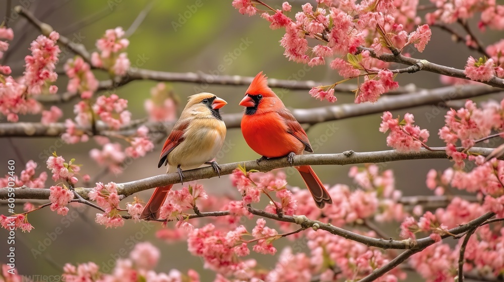 Couple of Northern cardinal birds on cherry blossom tree.Generative AI ...