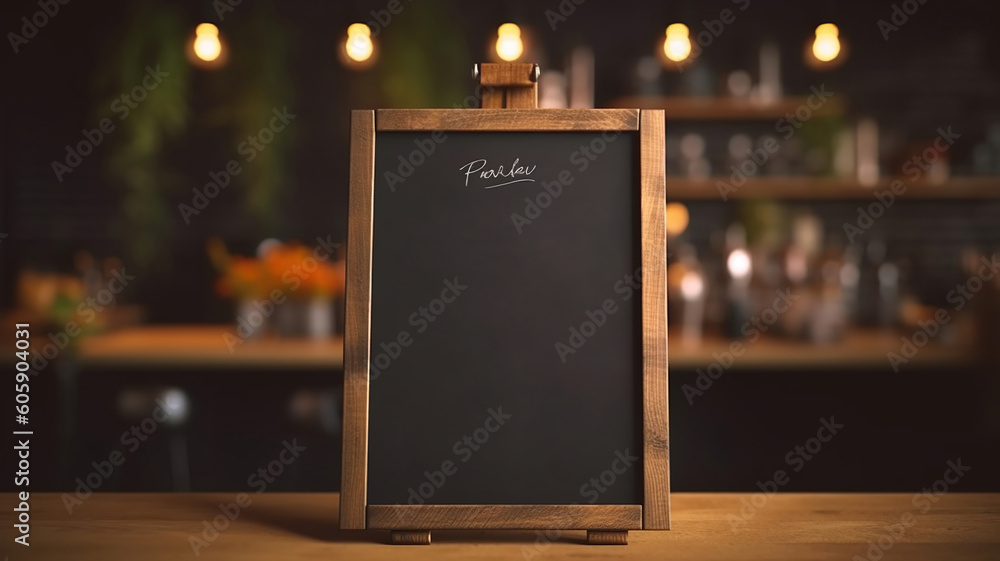 Blank menu board on wooden top table with blurred of coffee shop ...