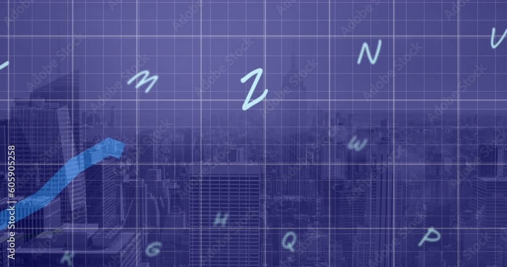 Animation of floating alphabets and statistical data processing against aerial view of cityscape ...