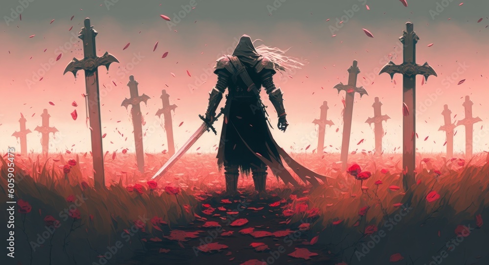 death knight standing alone in the rose field with big broken swords ...