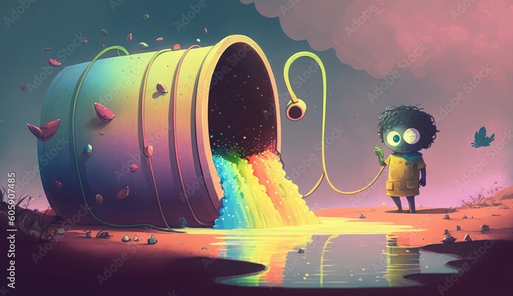 fantasy illustration showing a big bucket lying on surface and a cute ...