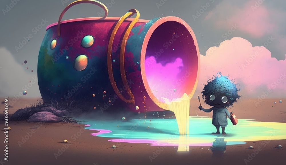 fantasy illustration showing a big bucket lying on surface and a cute ...