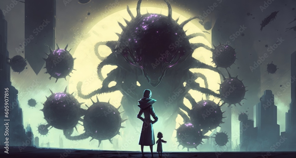 alien virus invasion concept, mother and her baby facing black sphere ...