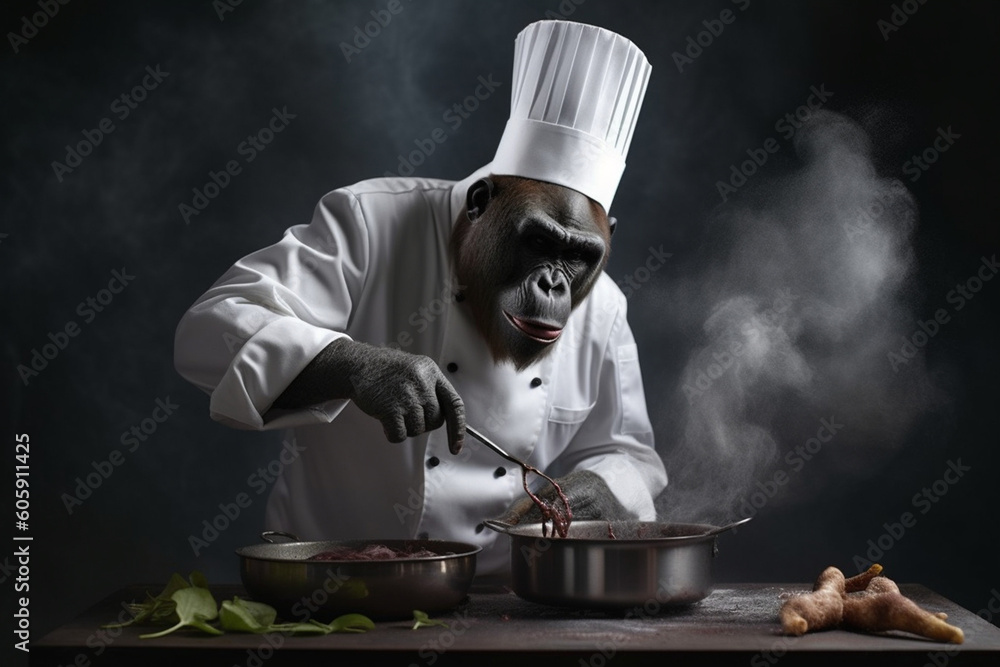 An ape working as a professional chef, creating culinary masterpieces ...
