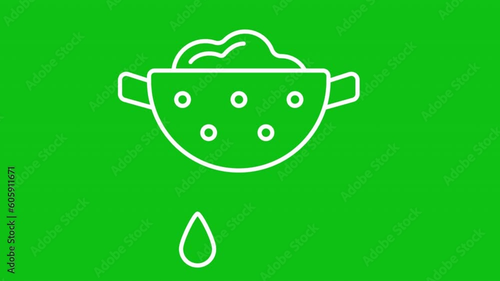 Animated colander white line icon. Draining water from food through ...
