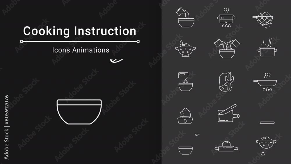 Cooking lesson white icons animation. Animated line recipe book ...