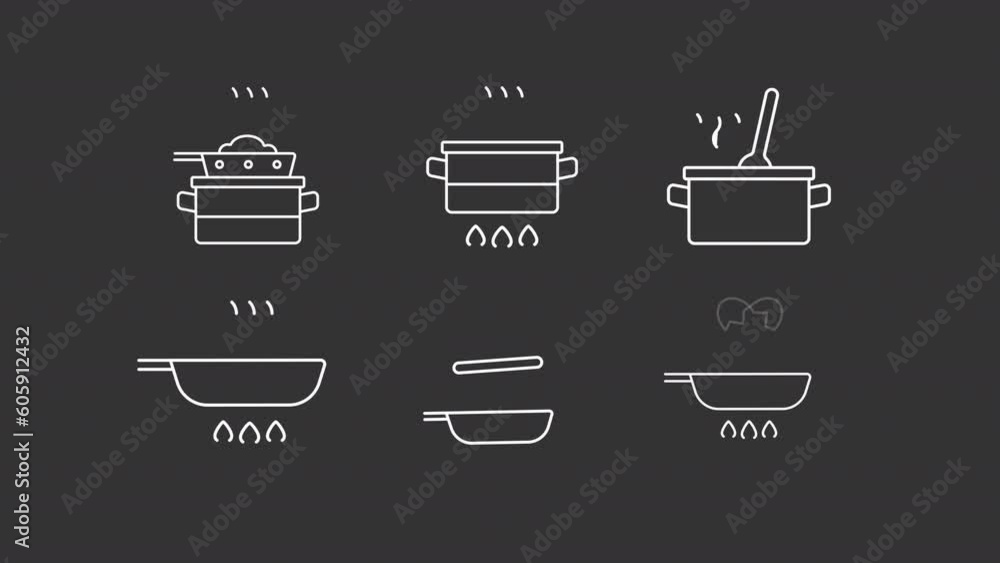 Boil and fry white icons animation. Animated line kitchen utensils ...