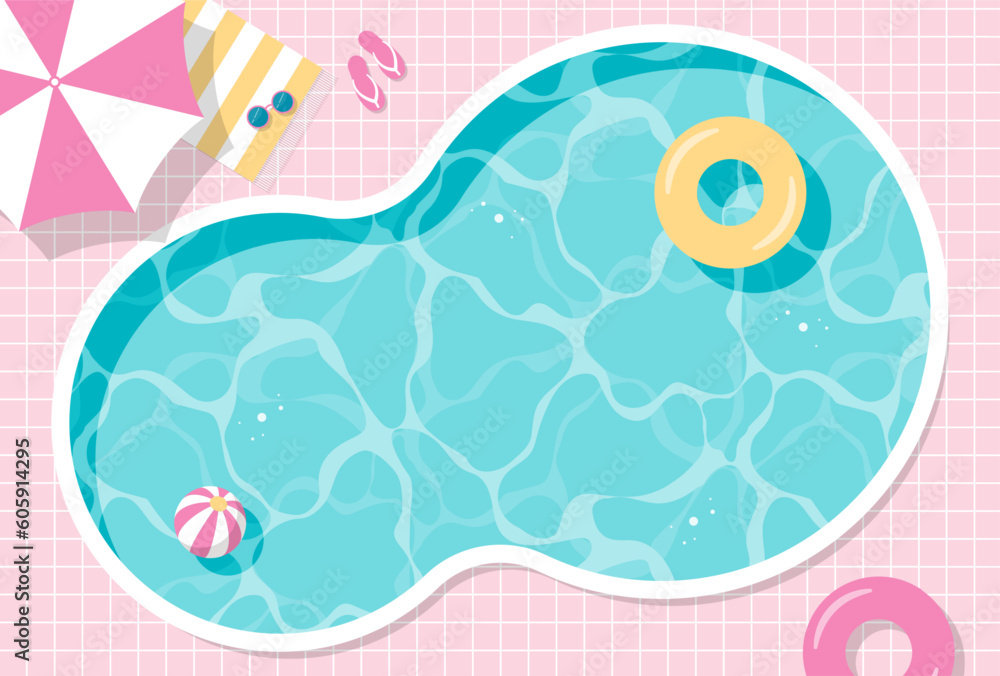 summer vector background with a top view of swimming pool and floats ...