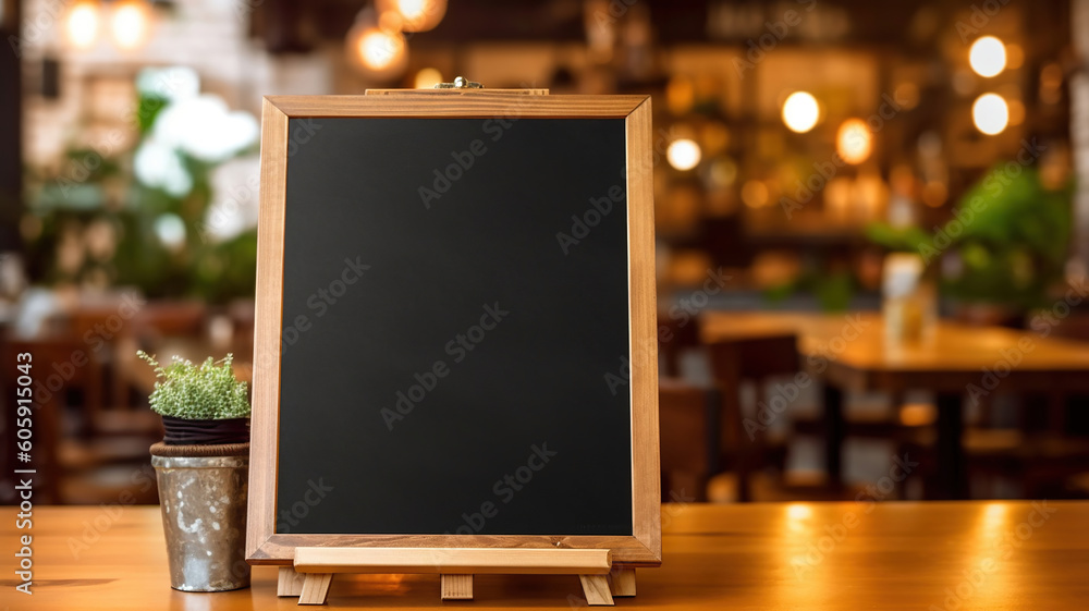 Blank menu board on wooden top table with blurred of coffee shop ...