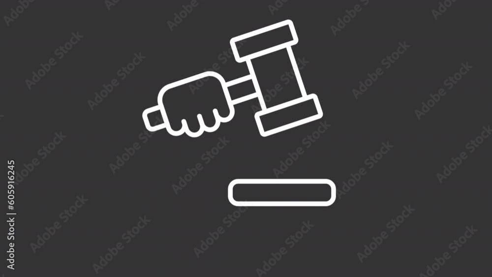 Animated court gavel white line icon. Auction hammer hitting animation ...