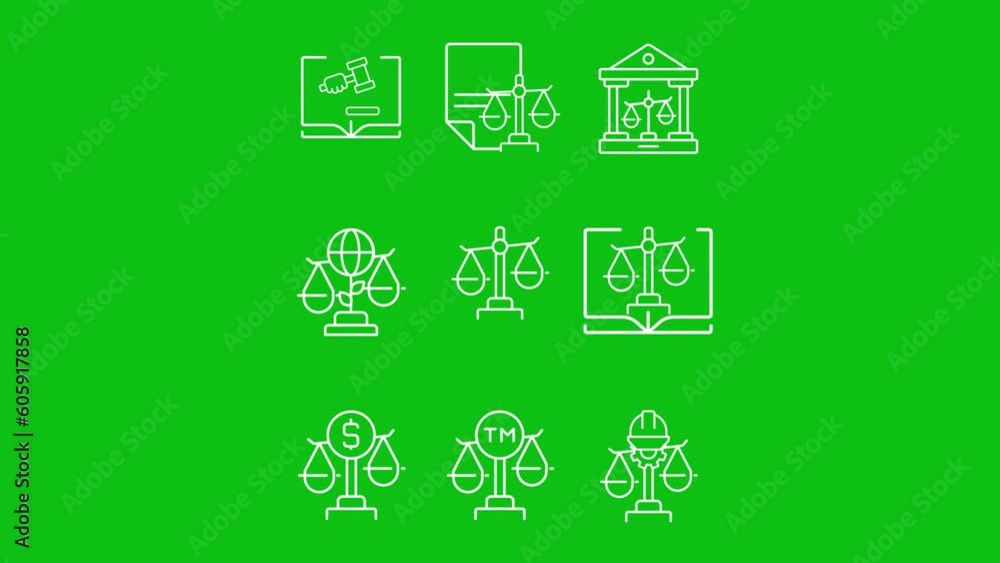 Justice system icons animation. Animated white line balance scales ...