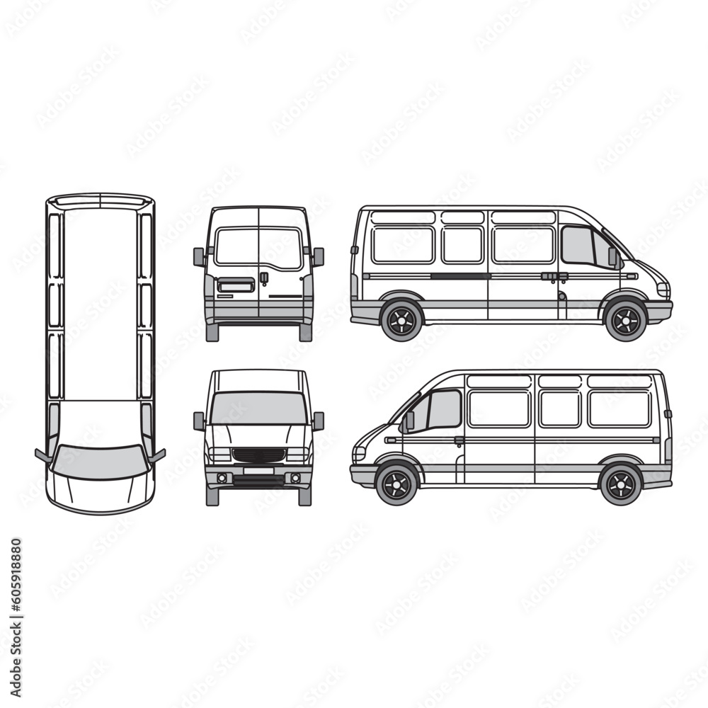 van outline, vintage 1998, isolated white background, front, back, top ...