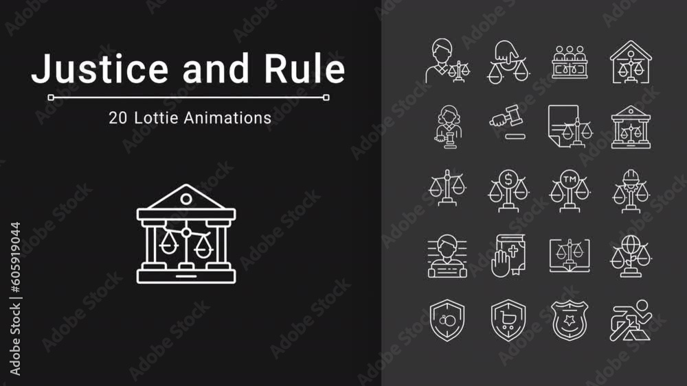 Justice and rule icons animation. Animated white line legal system ...