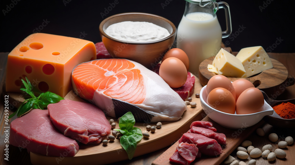 A picture of high protein food a dish of meat, poultry, eggs, two ...