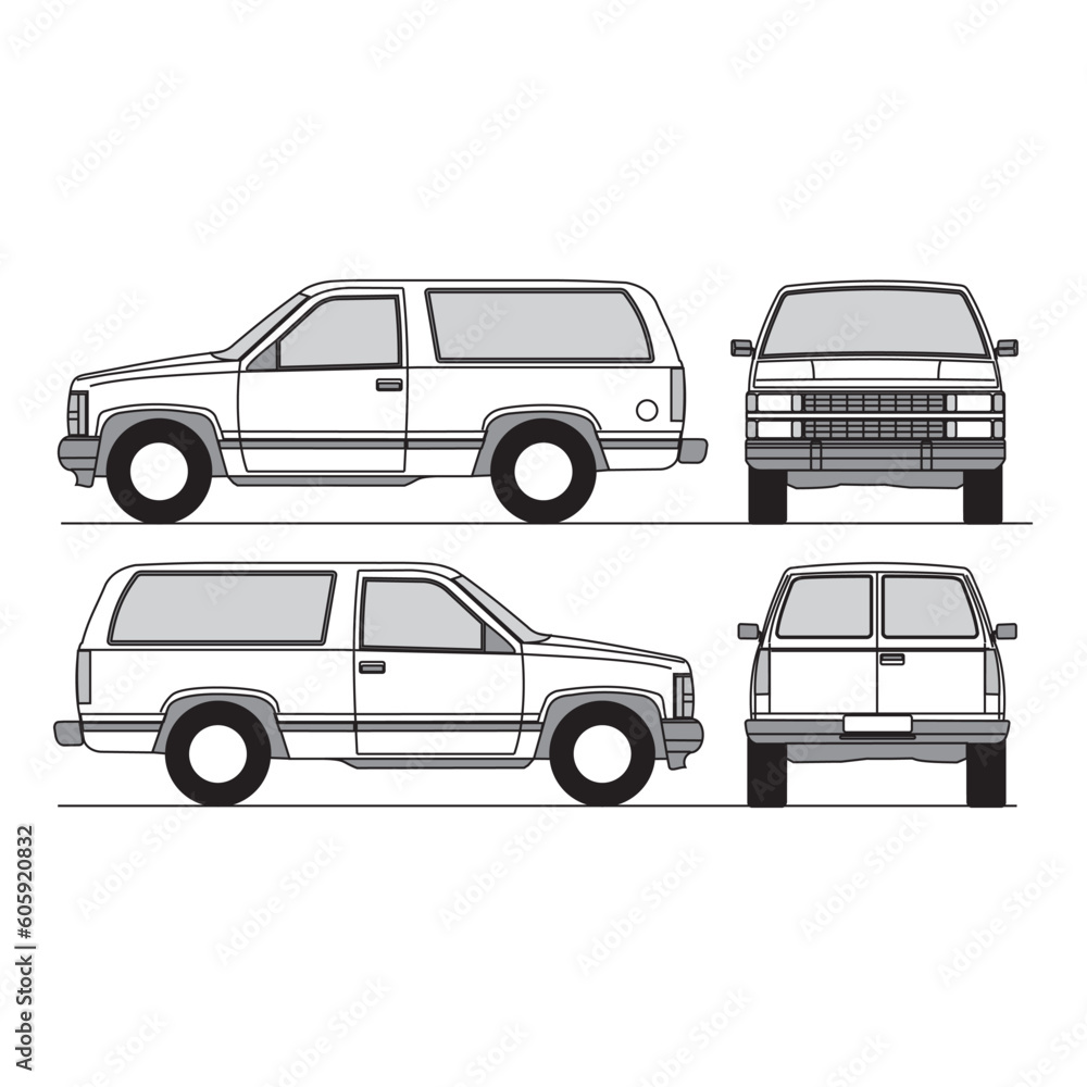 offroad car outline, vintage 1993, isolated white background, front ...