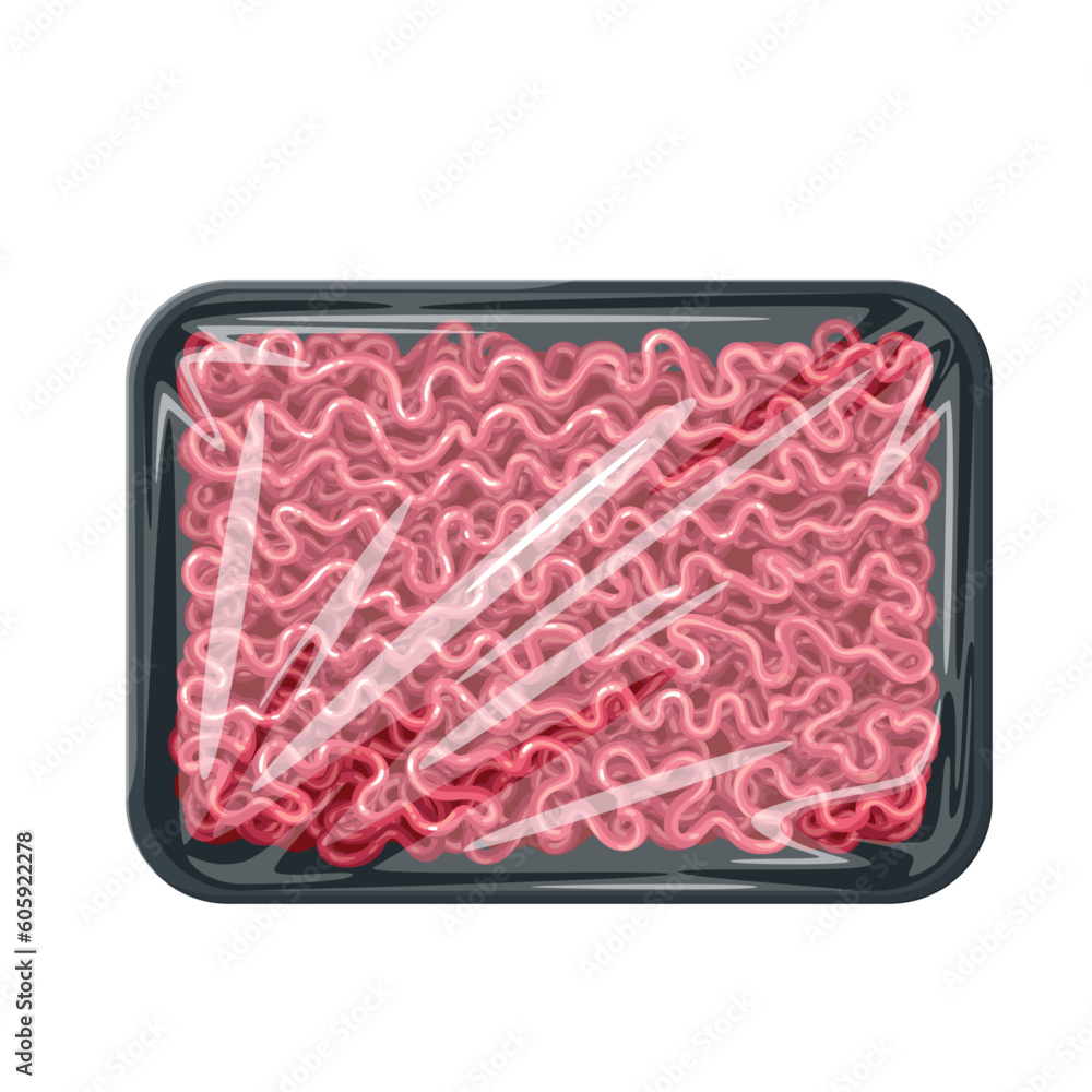 Ground meat in plastic tray vector illustration. Cartoon isolated raw ...