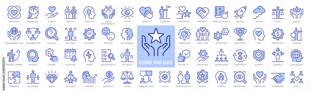 Core values 70 icon set. Full Vector Outline Style Icons. Vector Stock ...