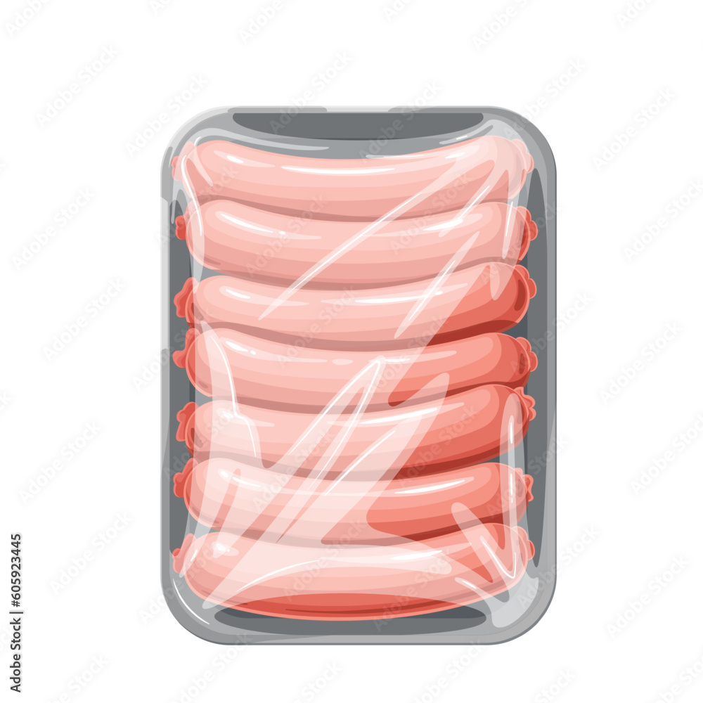 Sausages in plastic tray vector illustration. Cartoon isolated ...
