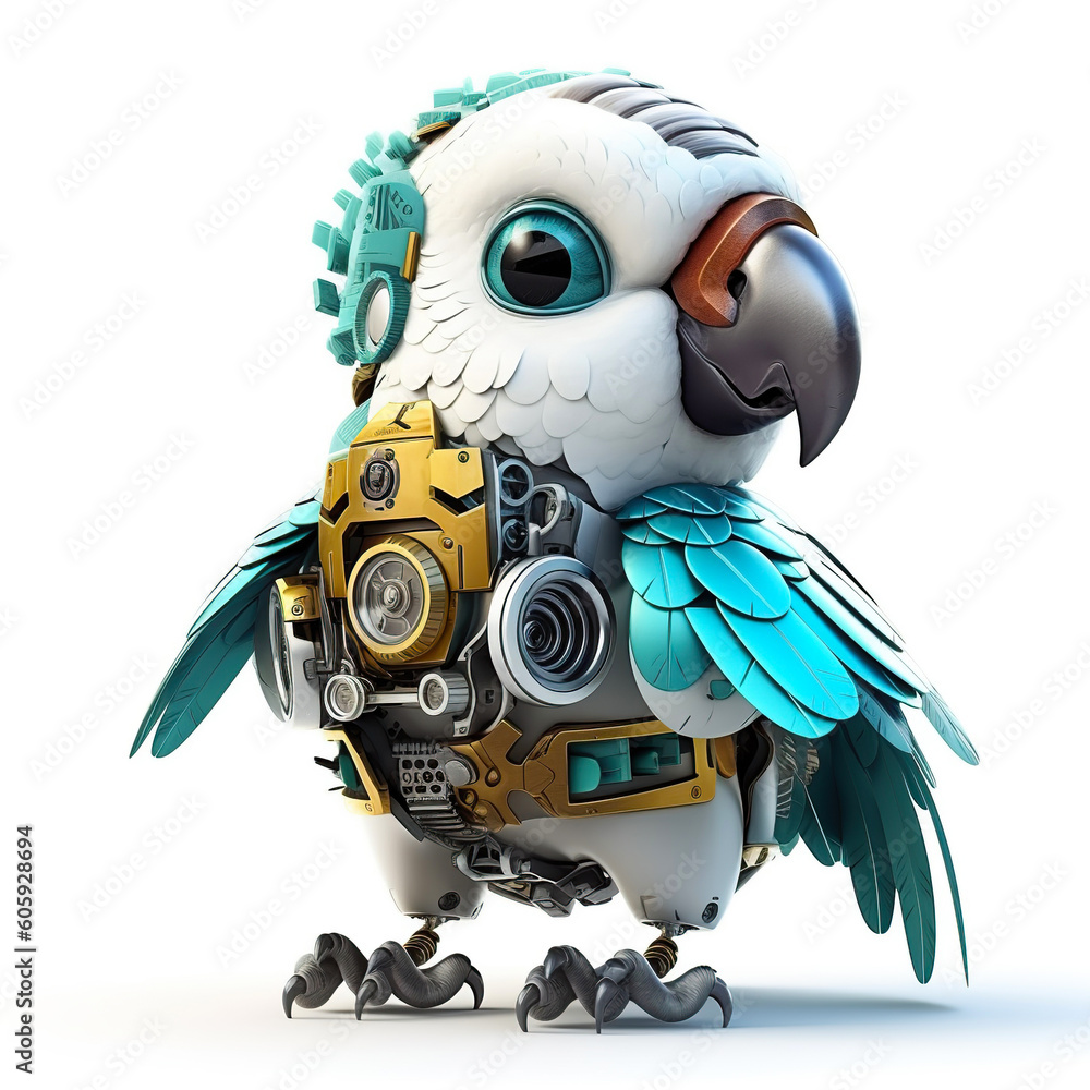 Colorful joyful parrot robot, robotic bird isolated over white ...