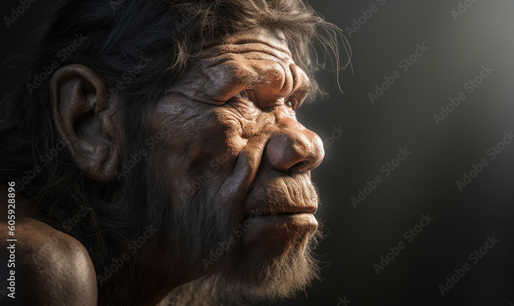 close up photo of Neanderthal (archaic human) on dark blurry cave ...
