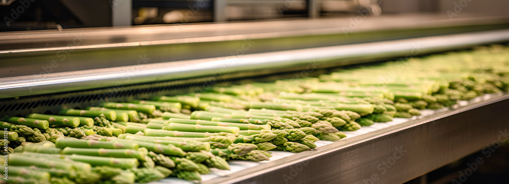Industrial production of asparagus. Picking young asparagus. Packing of ...
