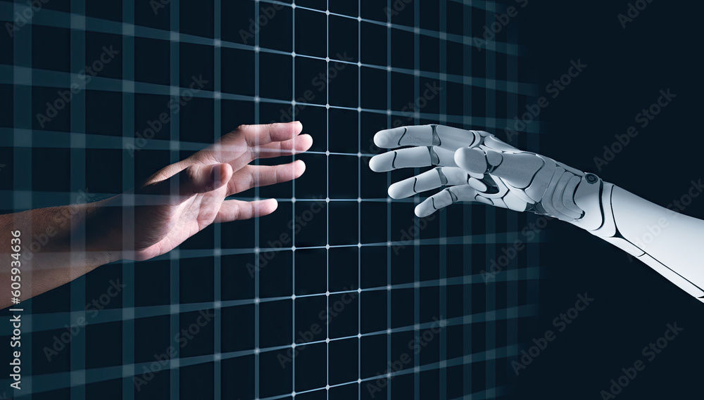 Hands of Robot and Human Touching together through computer moniter ...