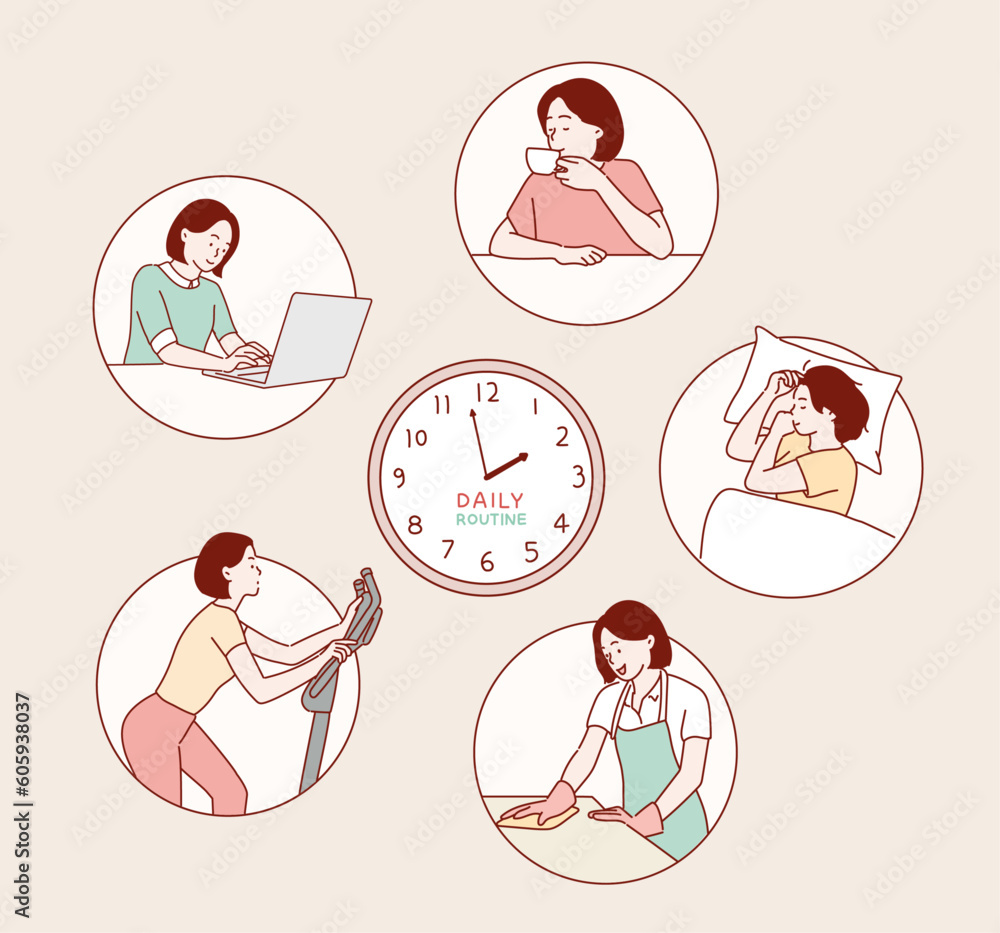 Female routine. Lifestyle activities temporal distribution, young woman ...