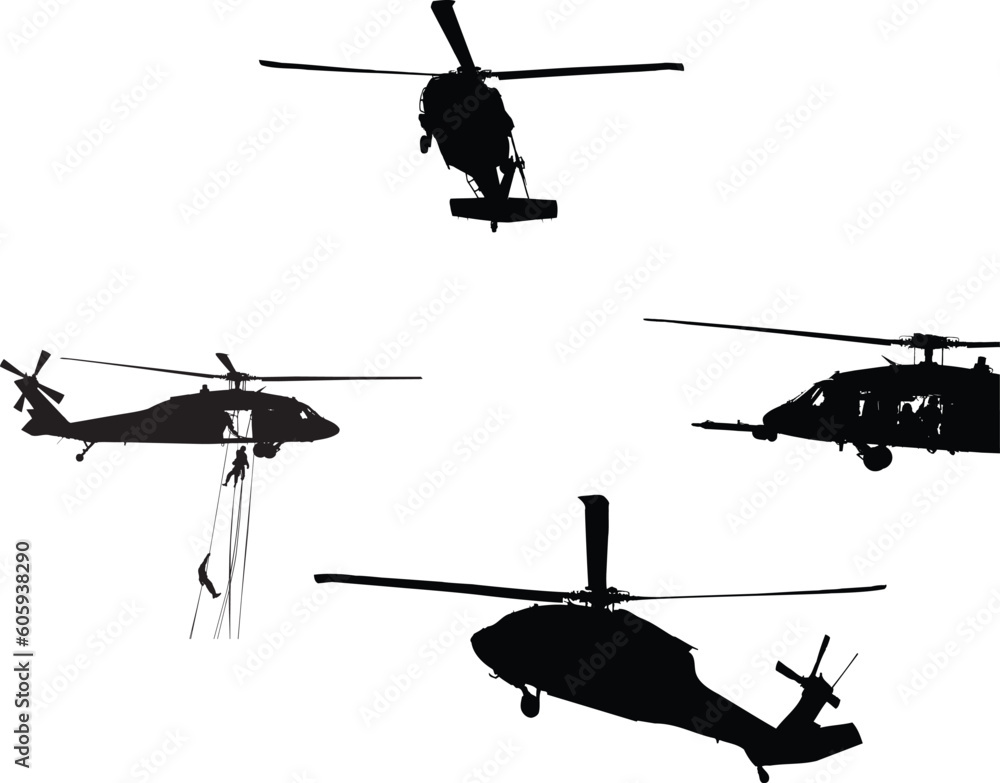Vector minimalist helicopter army set silhouette isolated on white ...