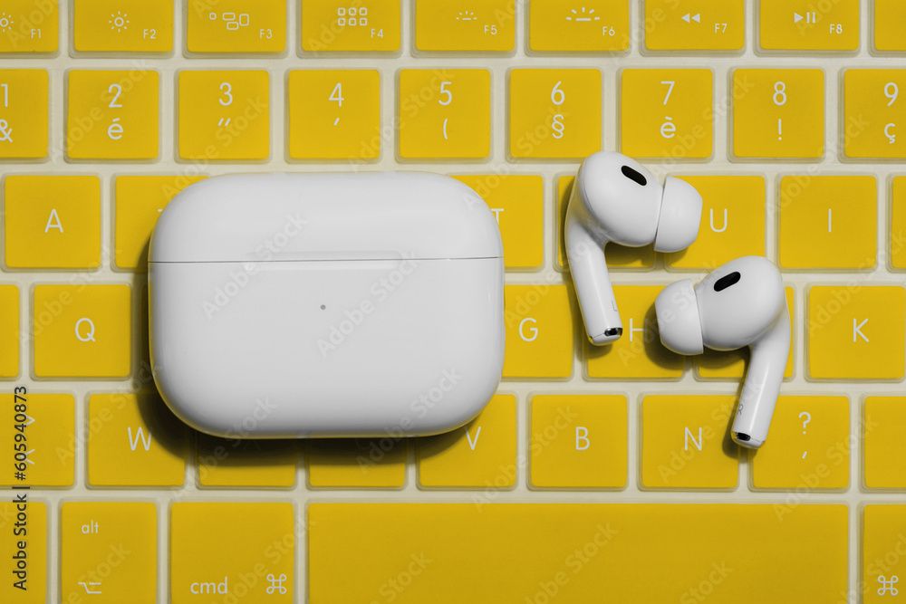 New apple AirPods Pro (2nd generation) on blue color background Stock ...