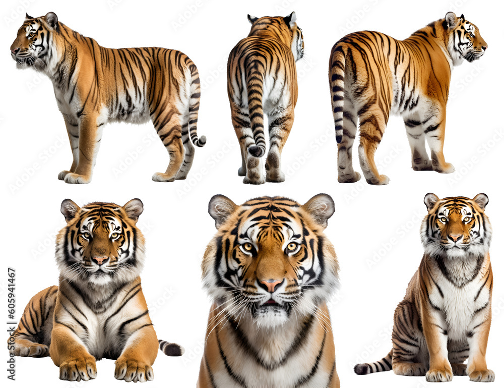 Tiger, many angles and view portrait side back head shot isolated on ...