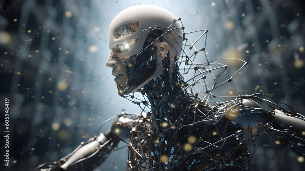 anthropomorphic humanoid robot head portrait on blurry perspective ...