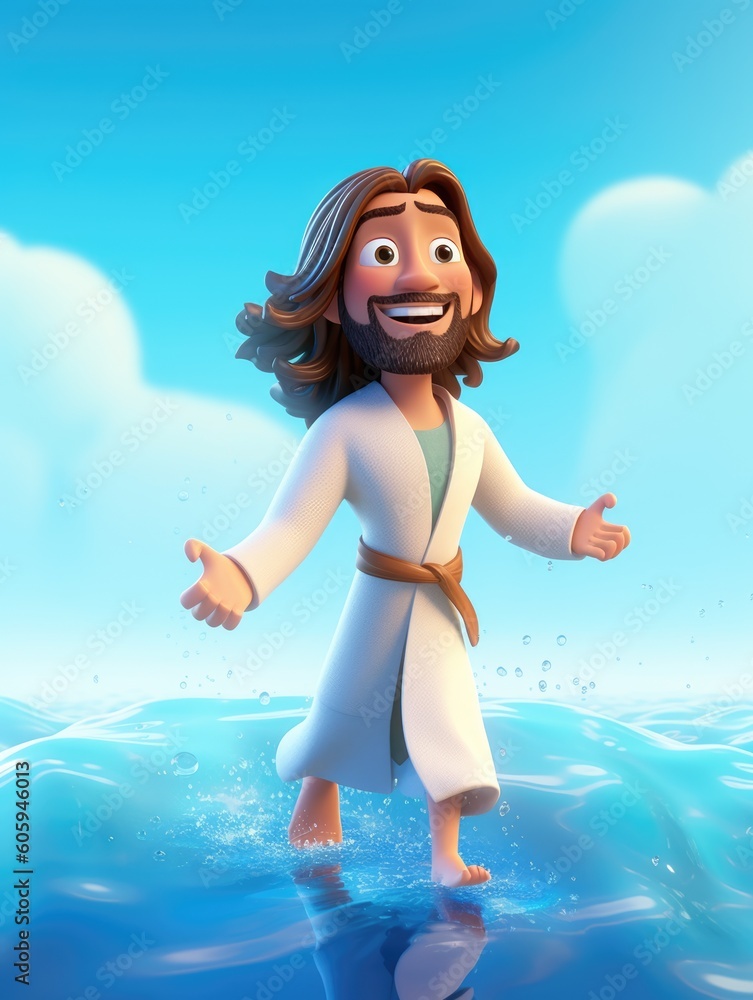 Portrait of Jesus christ walking on water, cartoon pixar style ...