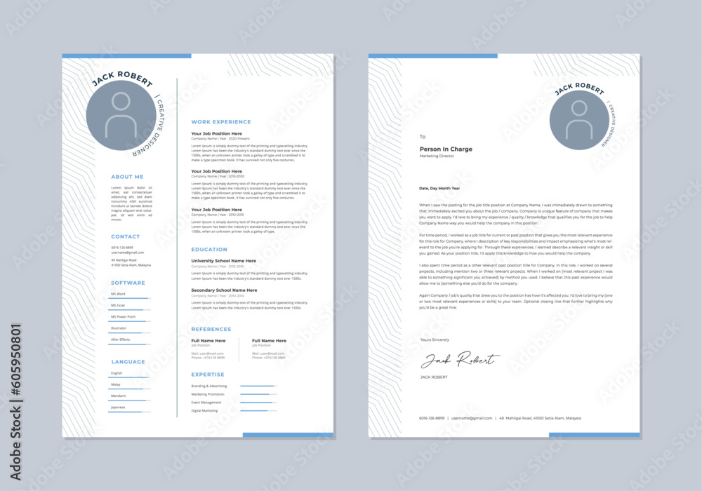Professional Modern Clean Line Style CV Template with blue and grey ...