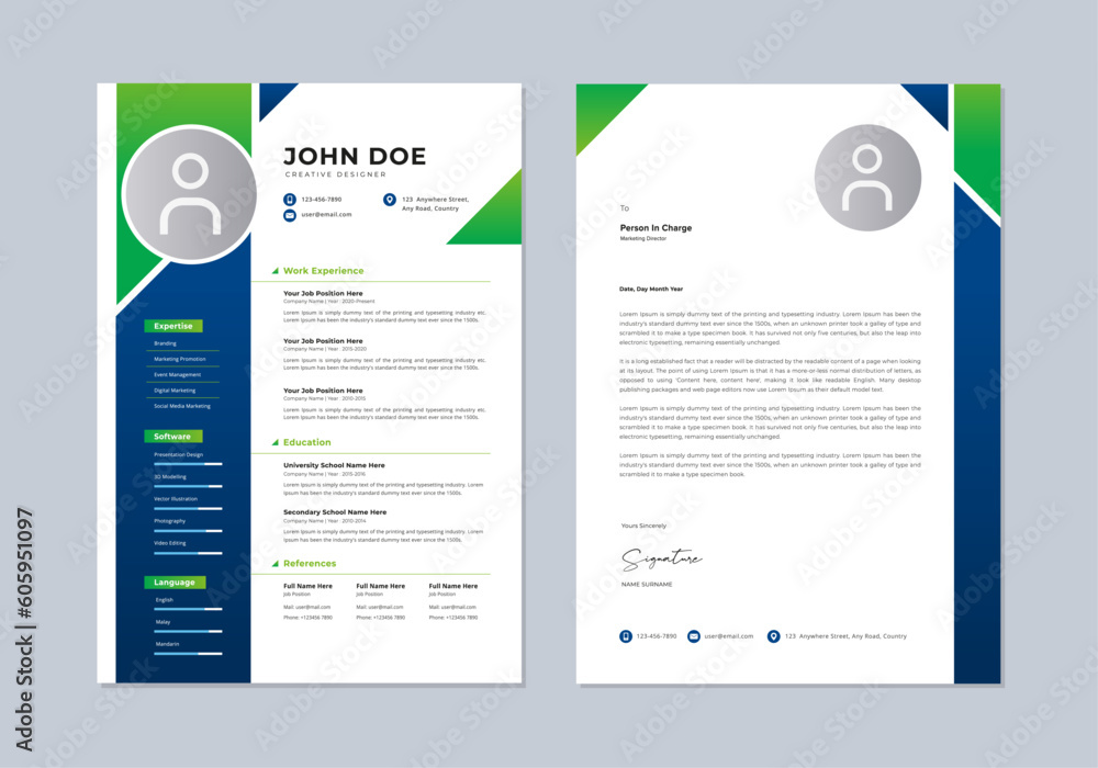 Professional Modern Clean CV Resume Template with blue and green color ...