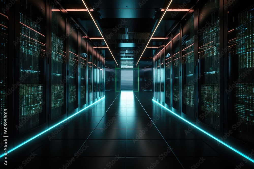 data center with endless rows of servers and blinking lights, created with generative ai Stock ...