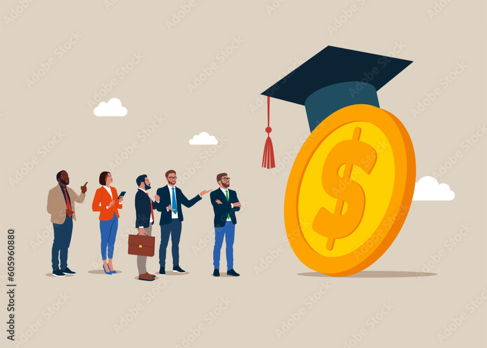 Business people with big dollar coin wearing academic graduation ...