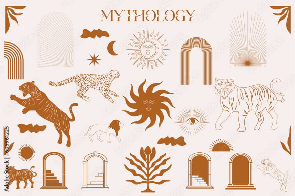 Collection of mythology elements. Wild animals, arch, abstract elements ...