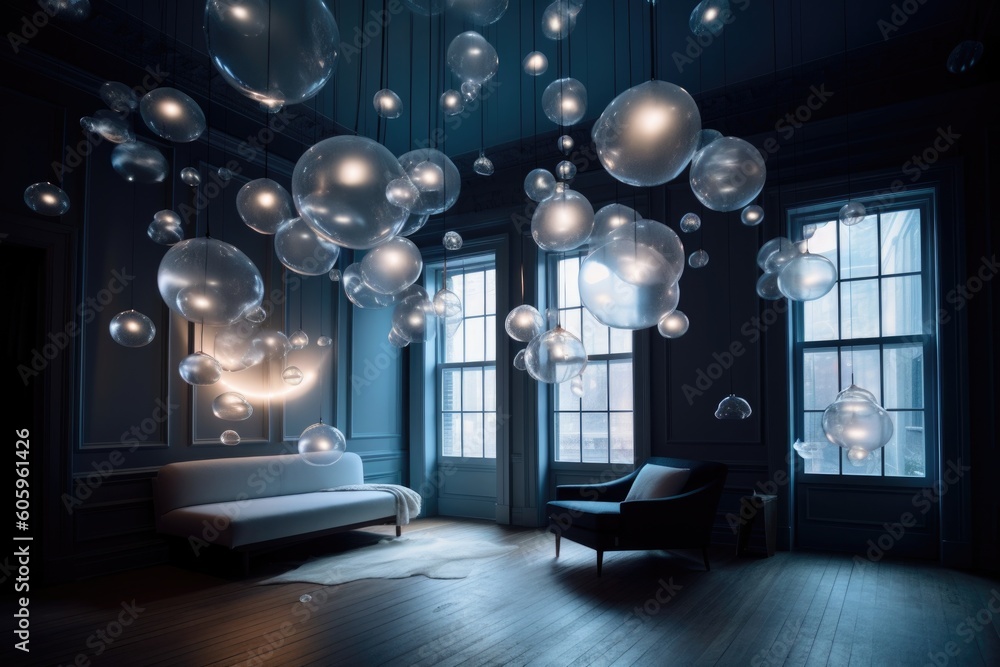 ภาพประกอบสต็อก a room with floating orbs of light, creating a dreamy ...