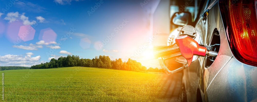 Gas station banner background. Pistol with gasoline and diesel fuel at ...