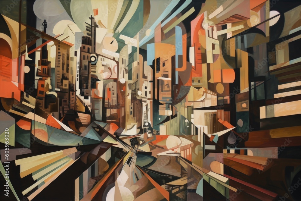 cubism-inspired painting of a busy city street, with the different ...