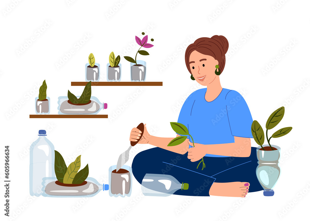 Gardener Woman Upcycling plastic bottles cutting utilized jar to plant ...