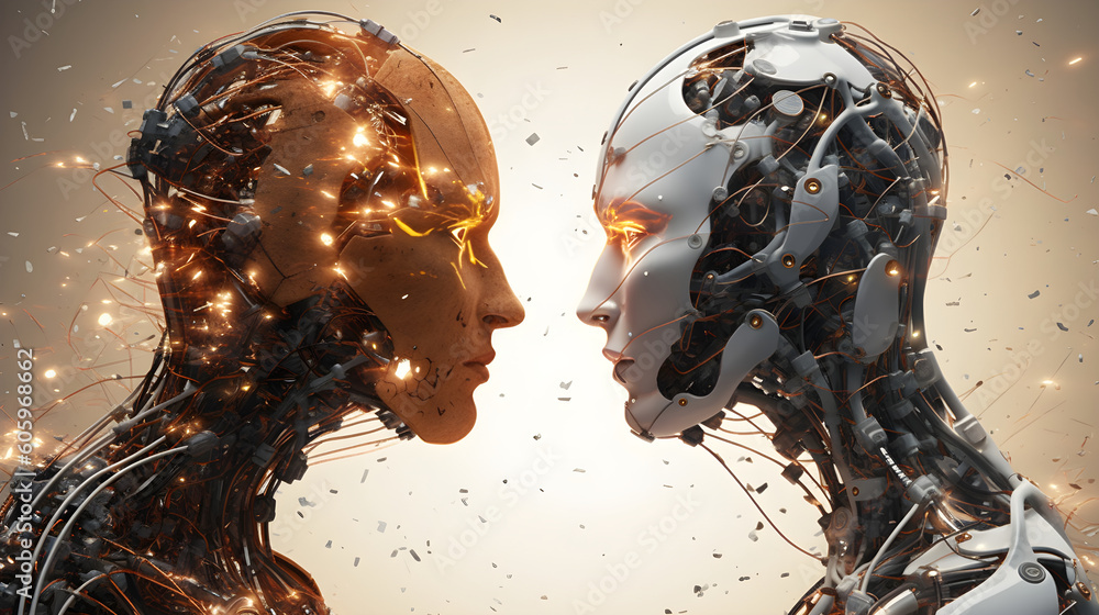 Two futuristic opposite ai robots. Battle of good and bad artificial intelligence robot ...