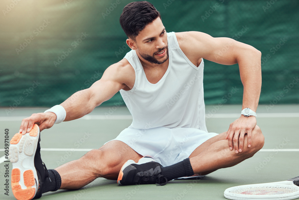 Man, tennis and stretching body on court getting ready for fitness ...