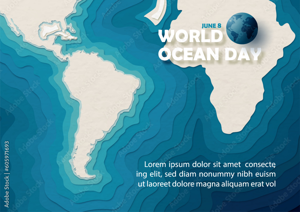Crop of world map in paper cut and layers style with ocean day wording ...