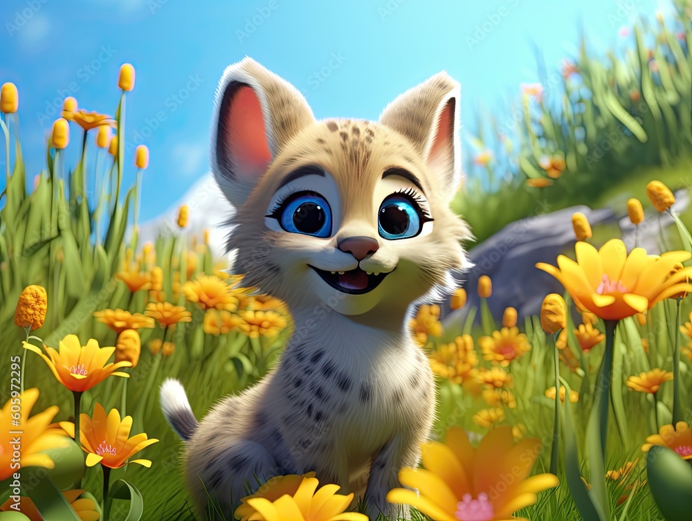 Cute cartoon bobcat flower background animation tale 3D . Generative AI ...