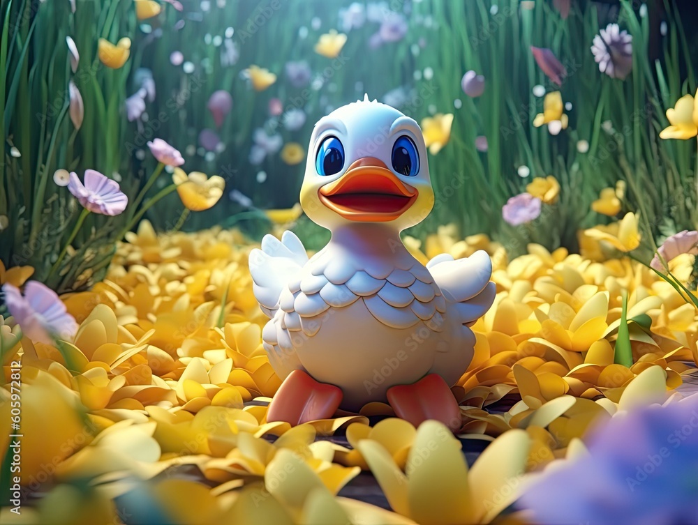 Cute cartoon duck flower background animation tale 3D . Generative AI ...