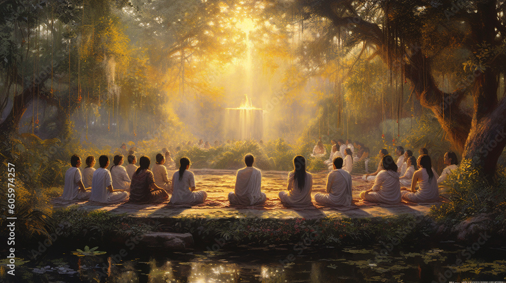 A group of devotees engaged in prayer and meditation in a tranquil ...